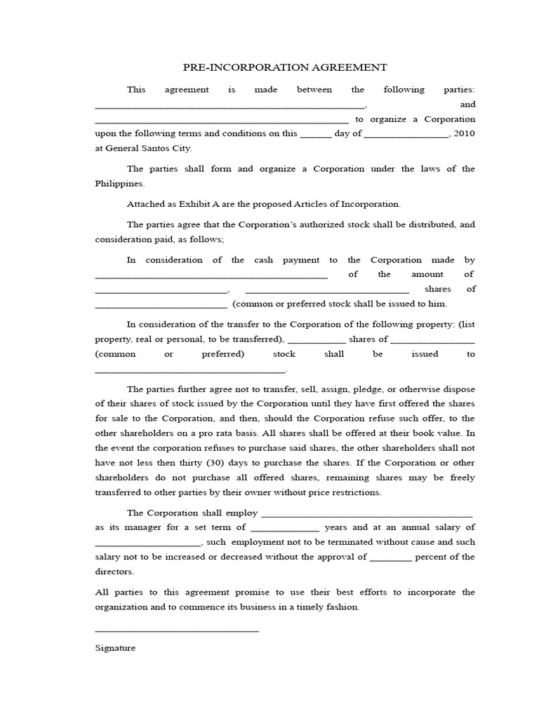 Pre Incorporation Agreement | PDF | Stocks | Corporations