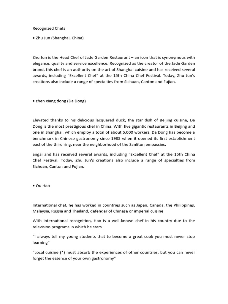 Recognized Asian Chefs | PDF | Food And Drink Preparation | Cooking