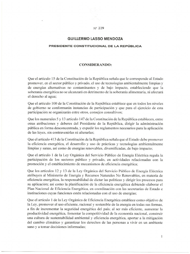 REGLAMENTO LEY EFICIENCIA ENERGETICA DECRETO EJECUTIVO No. - 229 | PDF