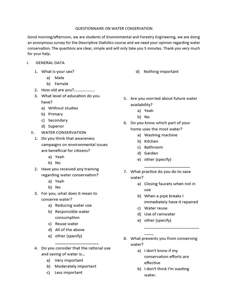Water Conservation Survey Questionnaire | PDF | Water | Water Conservation