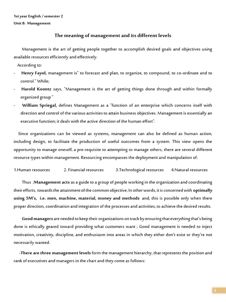 Unit 8 The Meaning of Management and Its Different Levels | Download ...