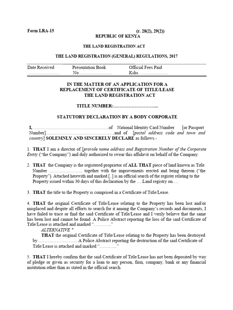 Form Lra 15 Statutory Declaration By A Body Corporate Download Free
