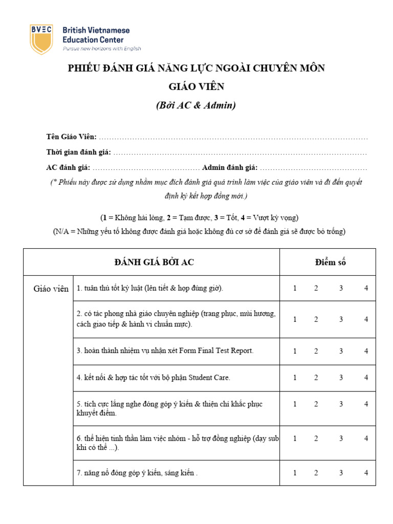 (BVEC) PHIẾU ĐGNLN CM GV (Bởi AC & Admin) | PDF