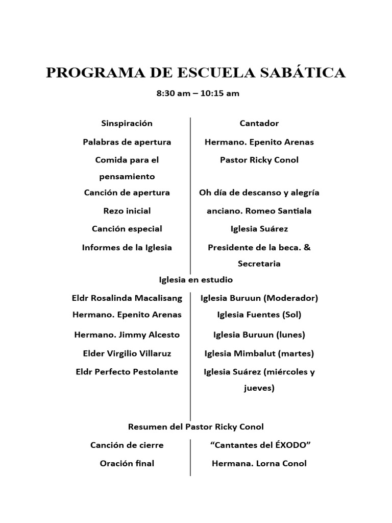 Programa de Escuela Sabática | PDF | Oración | Adoración Cristiana Y Liturgia