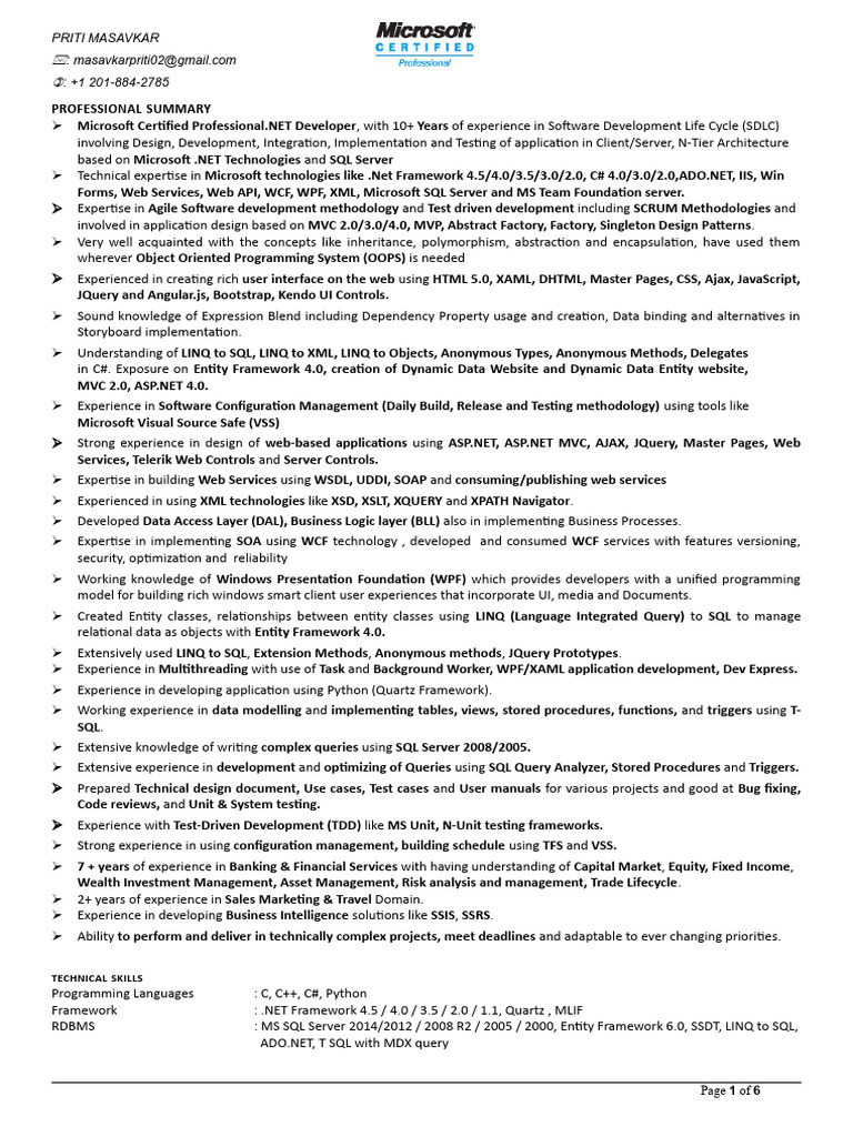 Dice Resume CV PRITI MASAVKAR | PDF | Microsoft Sql Server | Language Integrated Query
