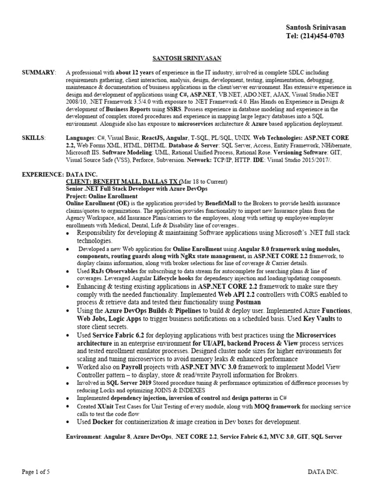 Dice Resume CV Santosh Srinivasan | PDF | Microsoft Sql Server | Language Integrated Query