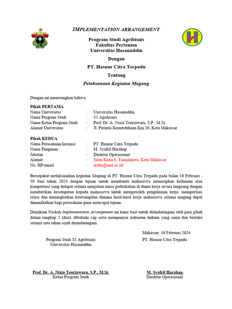 Format Implementation Arrangement Magang | PDF | Kesehatan Holistik | Teknologi & Rekayasa