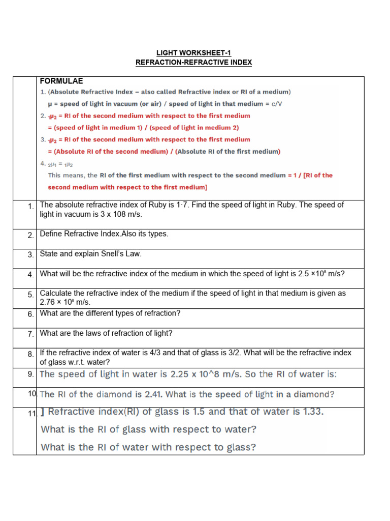 Light Refraction Worksheet | PDF | Refraction | Refractive Index