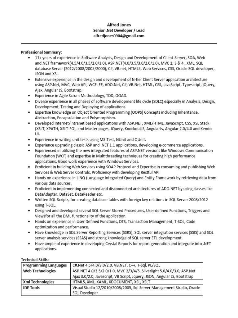 Senior .Net Developer Profile | PDF | Microsoft Sql Server | Entity ...