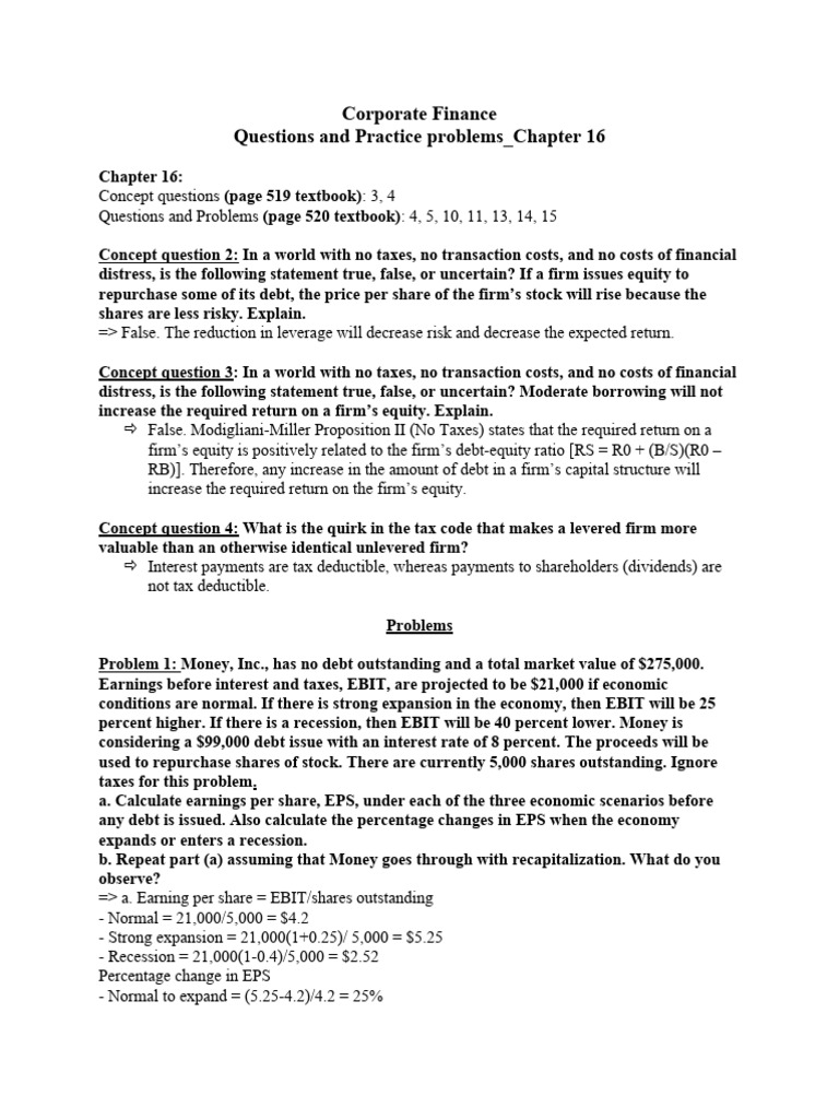 CF - Questions and Practice Problems - Chapter 16 | PDF | Capital ...