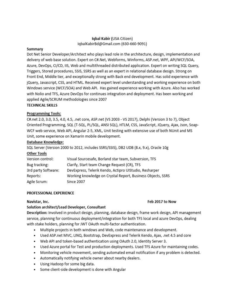 Iqbal Kabir: Senior .NET Developer | PDF | Ibm Db2 | Databases