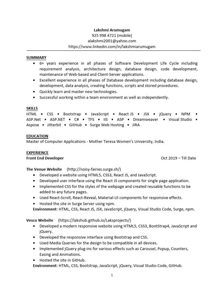 Dice Resume CV Lakshmi Arumugam | PDF | Microsoft Sql Server | World Wide Web