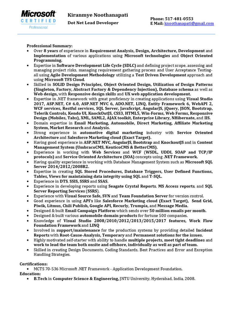 Dice Resume CV Kiranmye Noothanapati | PDF | Microsoft Sql Server | World Wide Web