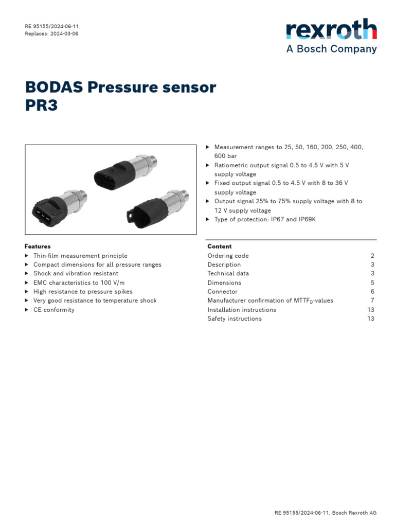 BODAS PR3 Pressure Sensor Overview | PDF | Electrical Connector | Electrical Engineering
