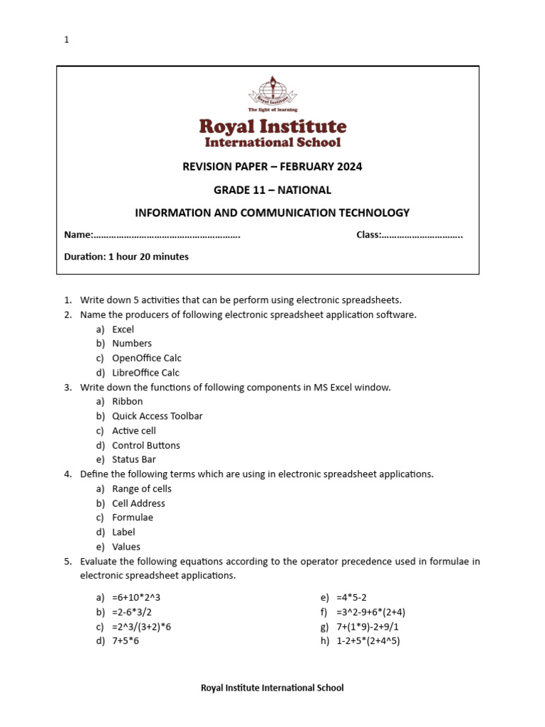 Grade 11 Ict Revision Paper | PDF | Databases | Spreadsheet