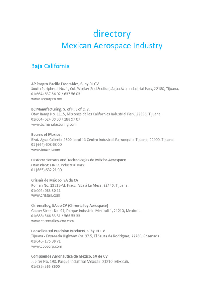 Mexican Aerospace Industry Directory | PDF | Sonora