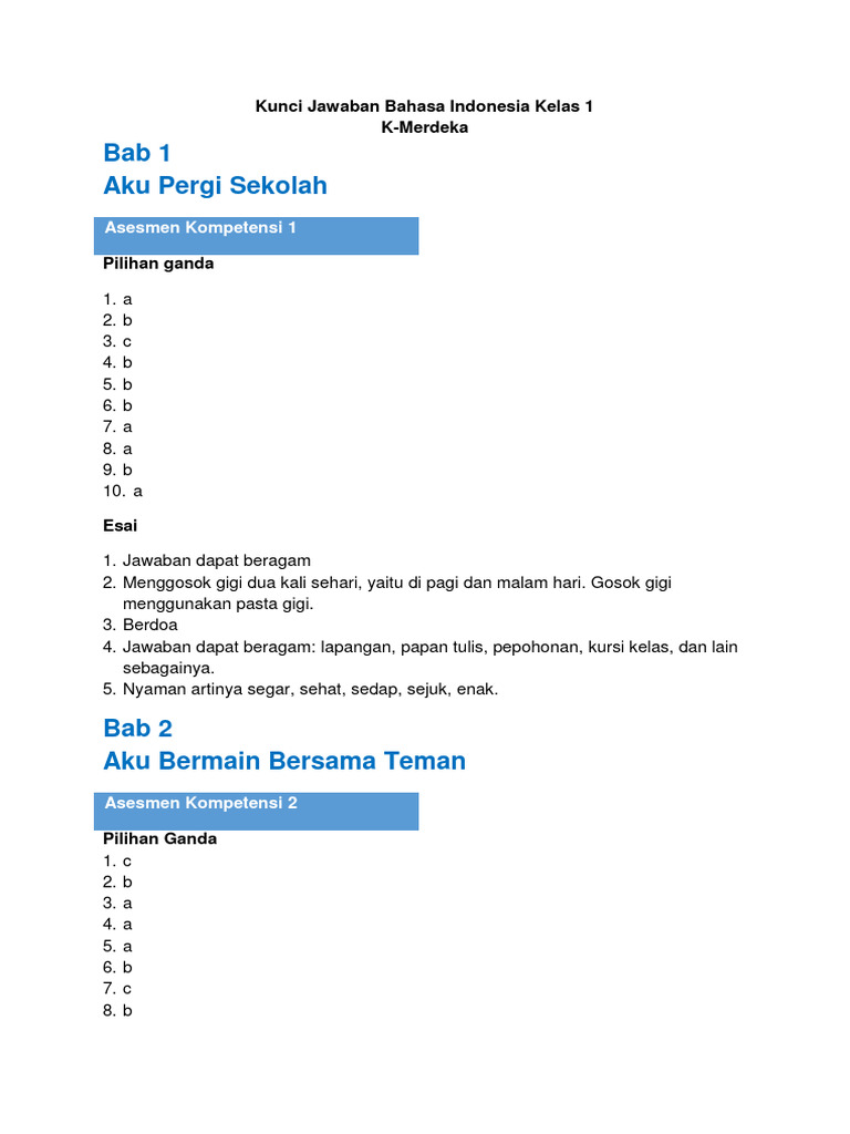 Kunci Jawaban Buku Teks - Bahasa Indonesia Kelas 1 K Merdeka-1 | PDF