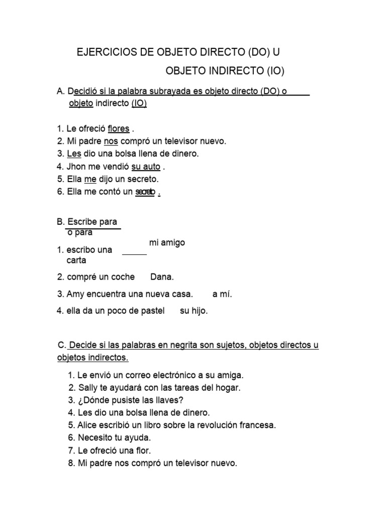 Ejercicios de Objetos Directo e Indirecto | PDF