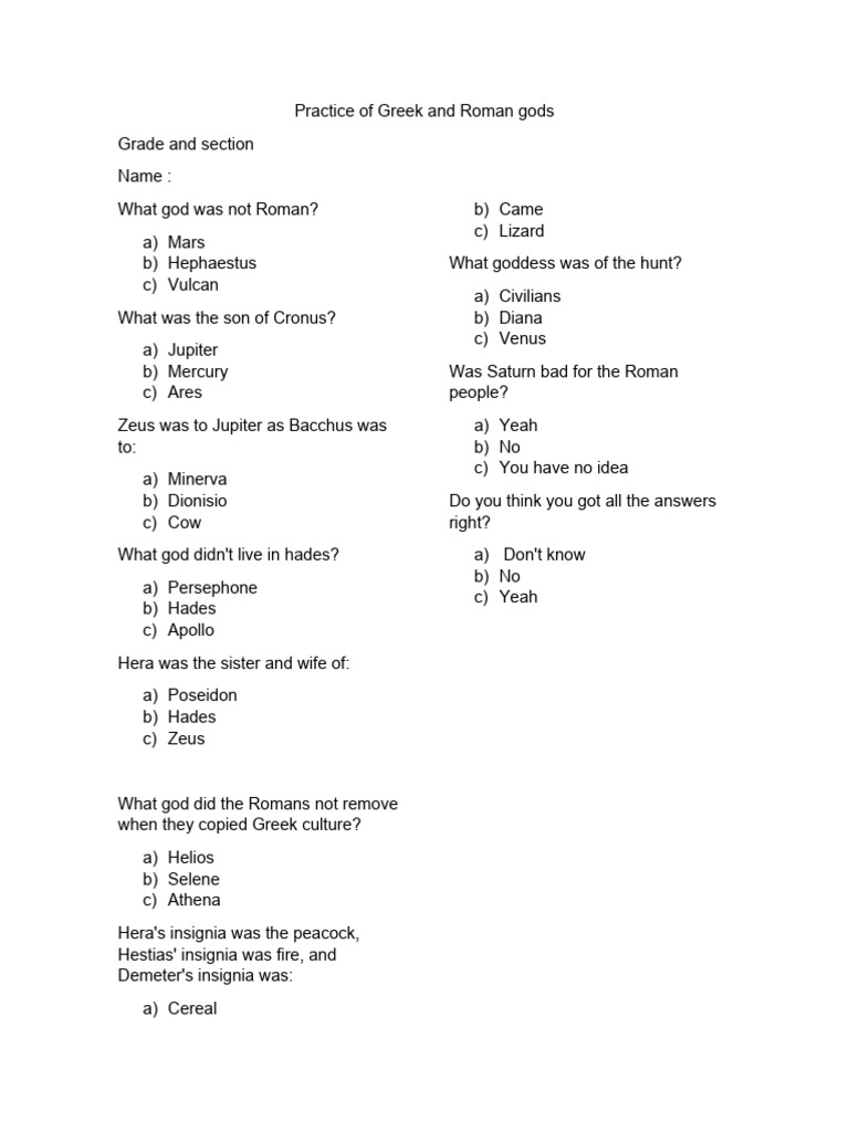 Greek and Roman Gods Quiz | PDF | Zeus | Hades