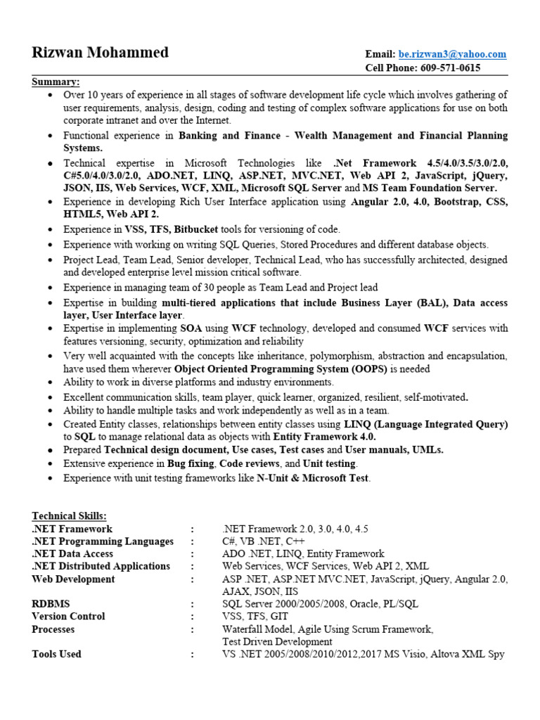 Dice Resume CV Rizwan Mohammed | PDF | Language Integrated Query | Entity Framework