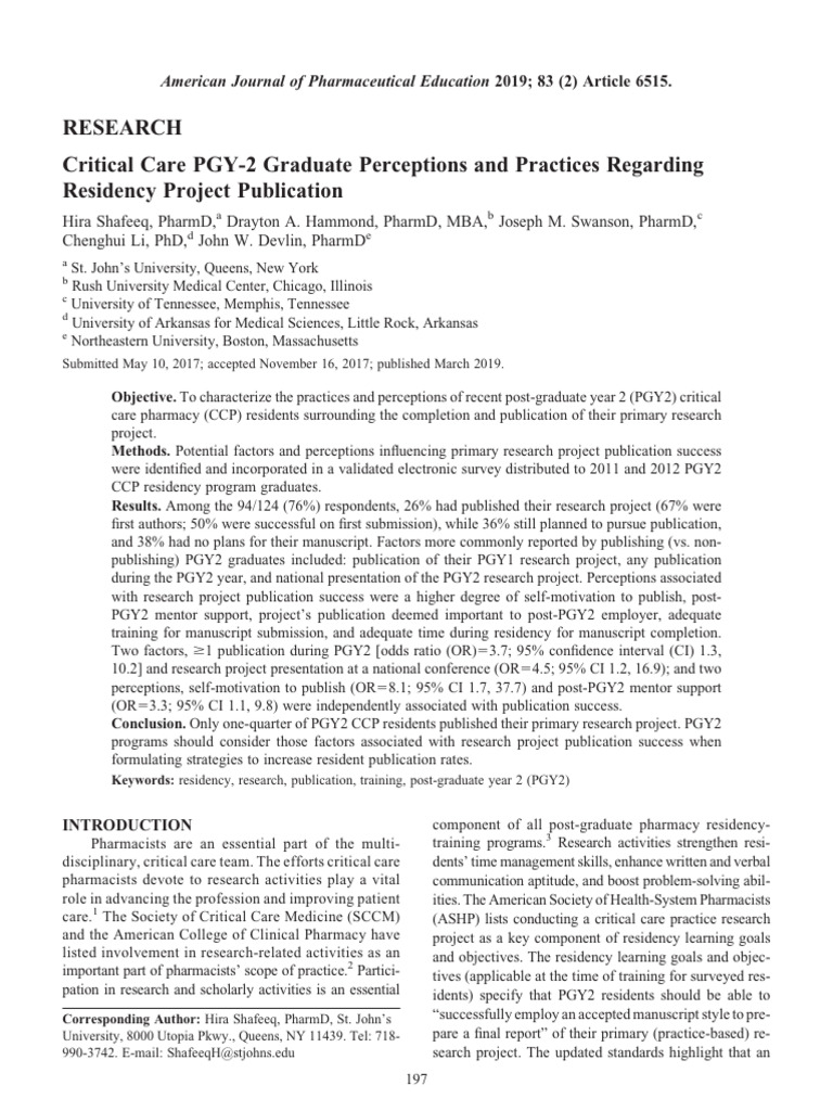 Critical Care PGY 2 Graduate Perceptions and Pra 2019 American Journal of PH | PDF | Pharmacist ...