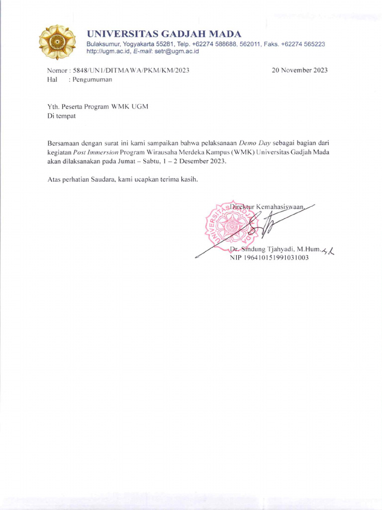 5848 Pengumuman Pesrta Program WMK UGM 1-2 Des 2023, Ok | PDF