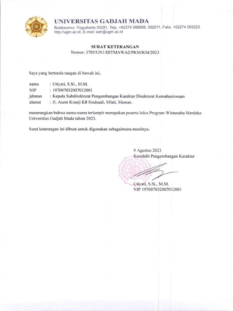 3705 - Surat Keterangan Lolos Program WMK UGM 2023 | PDF