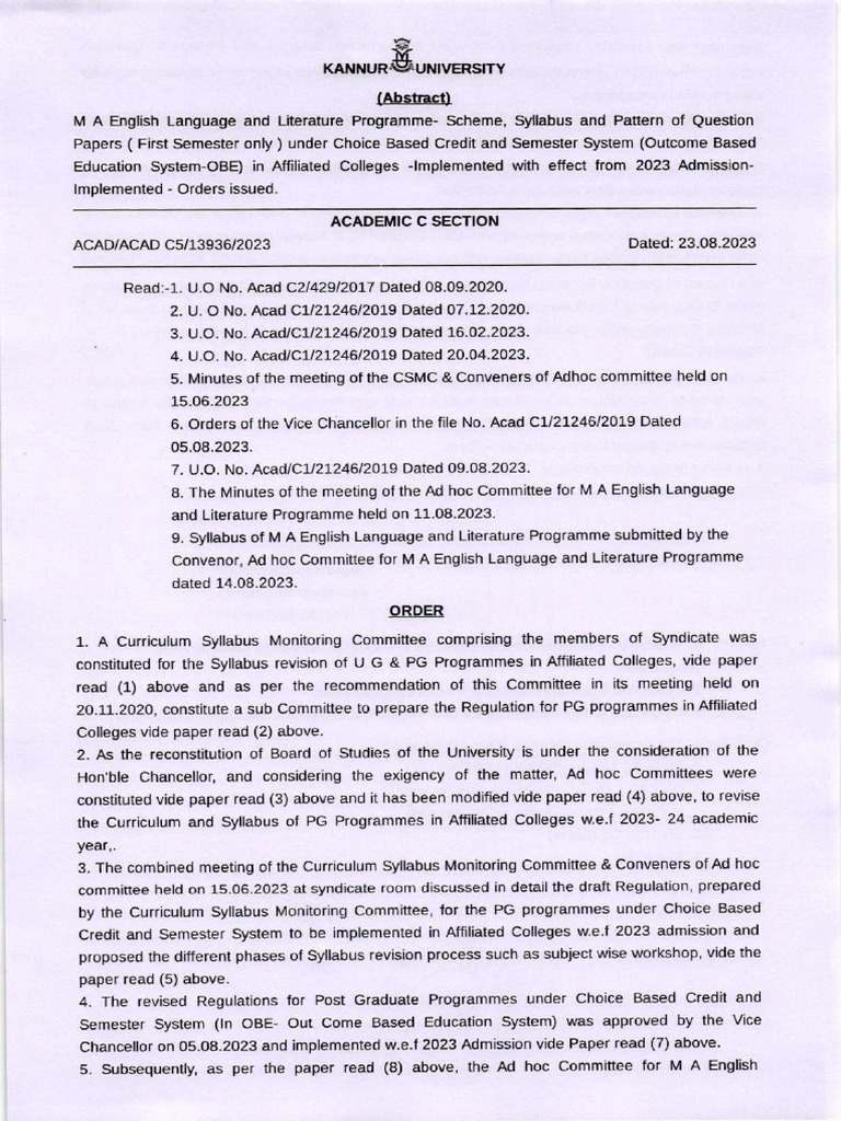 MA English Syllabus 2023 - Kannur University | PDF | Curriculum