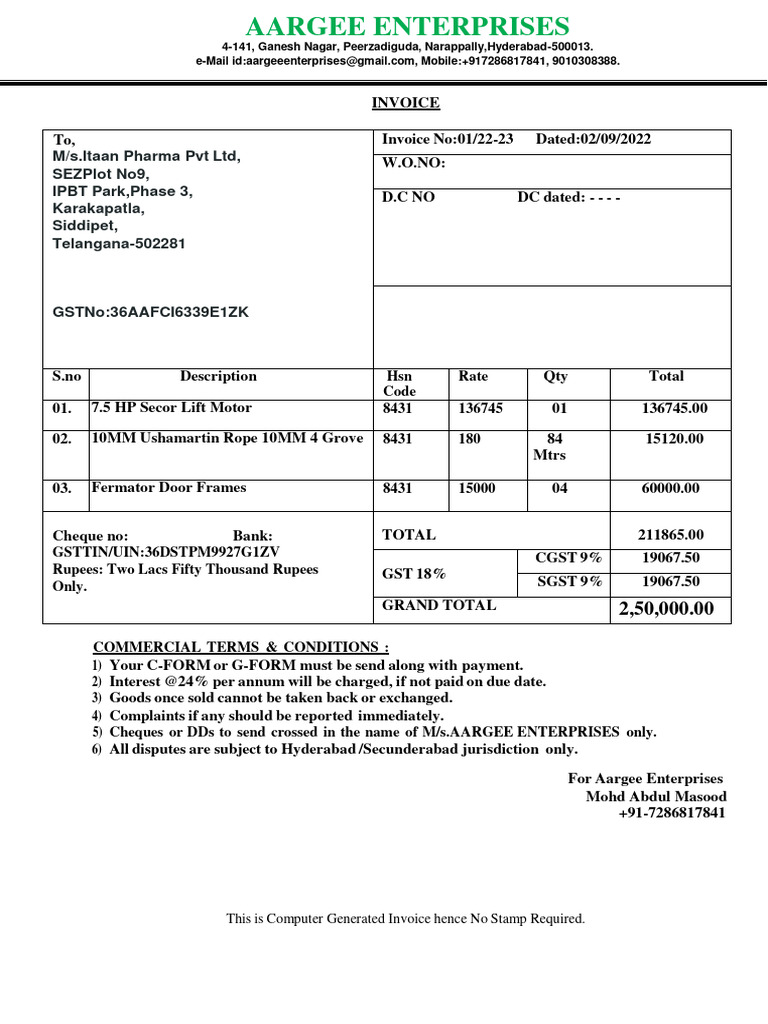 G+3Flrs Lift Invoice (AARGEE) Itaan | PDF | Government Finances | Taxation
