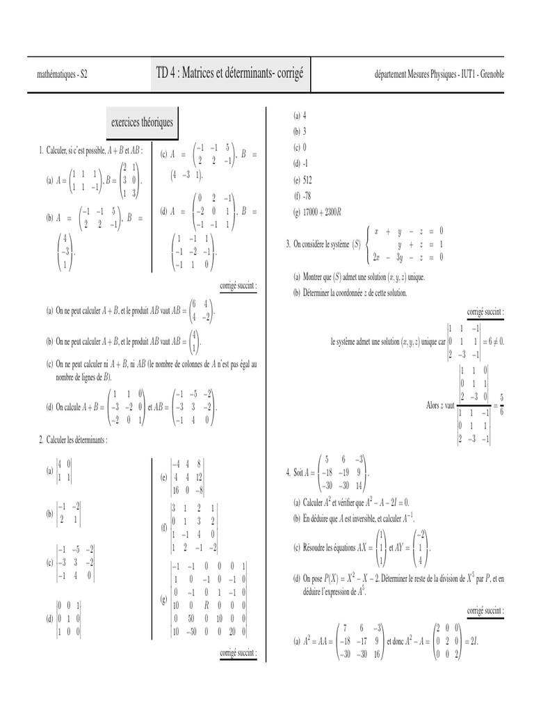 S2 TD 4 Matrices | PDF | Matrice (Mathématiques) | Algèbre générale