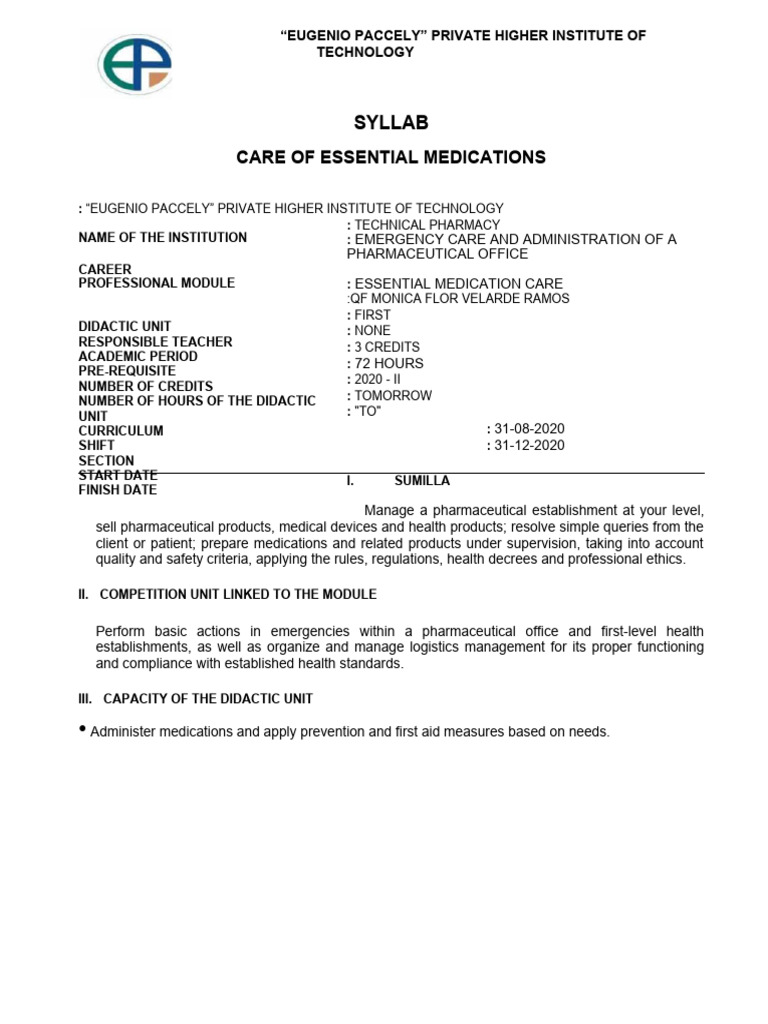 Essential Medication Care Syllabus | PDF | Evaluation | Pharmacy