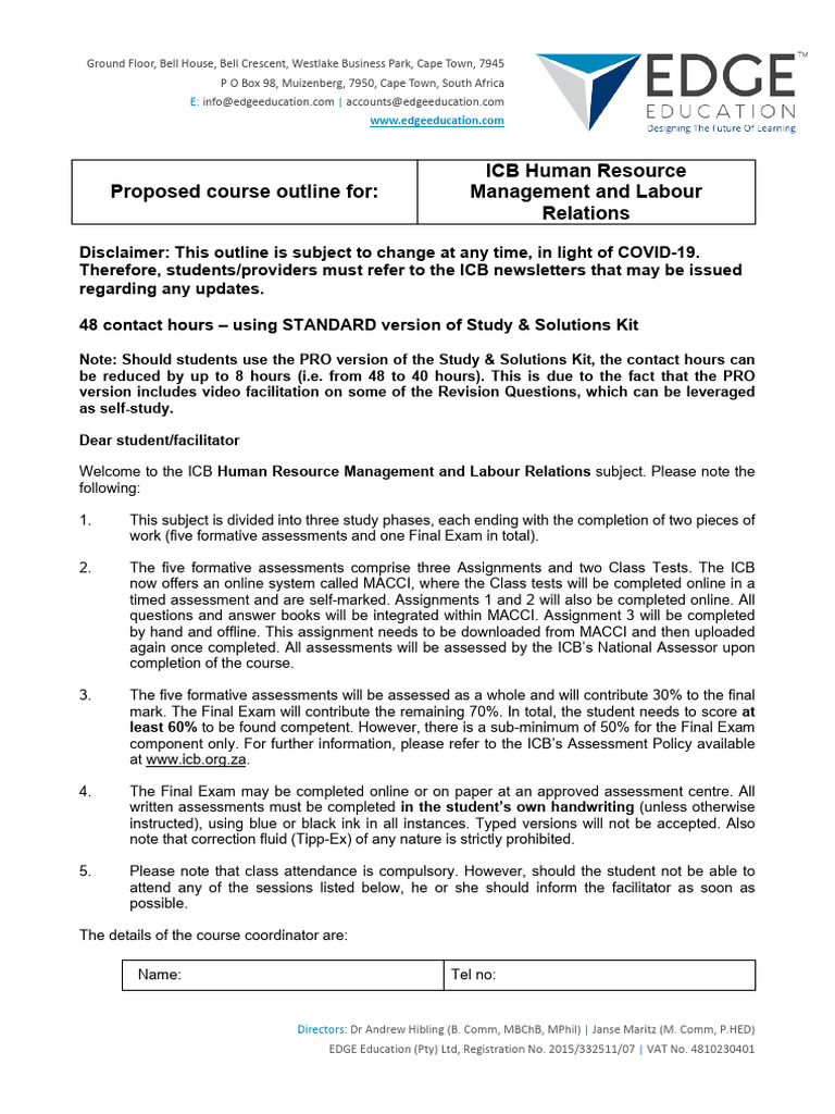 ICB Human Resource Management and Labour Relations Course Outline 2022 ...