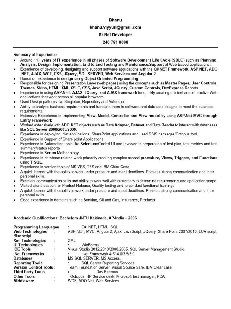 Senior .NET Developer Resume Summary | PDF | Microsoft Sql Server ...