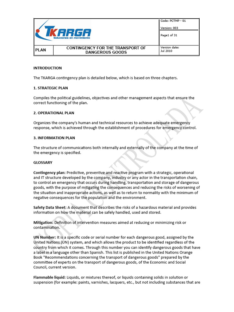 Contingency Plan For The Transport of Dangerous Goods v3 | PDF ...
