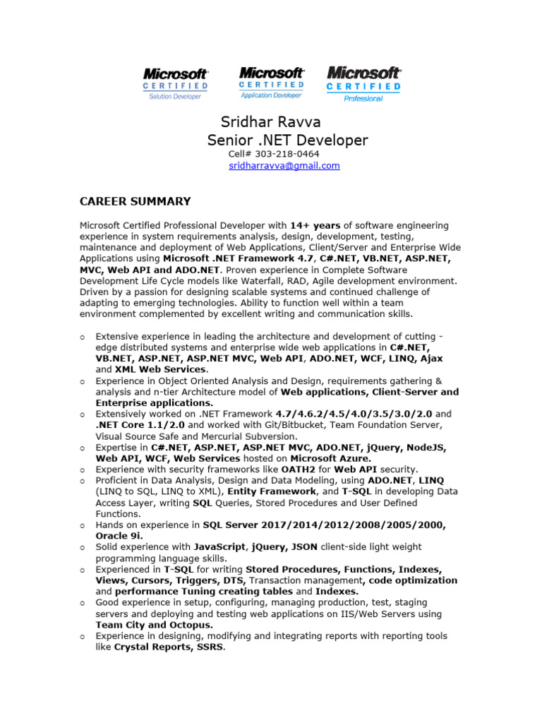 Dice Resume CV Sridhar Ravva | PDF | Microsoft Sql Server | Web Application