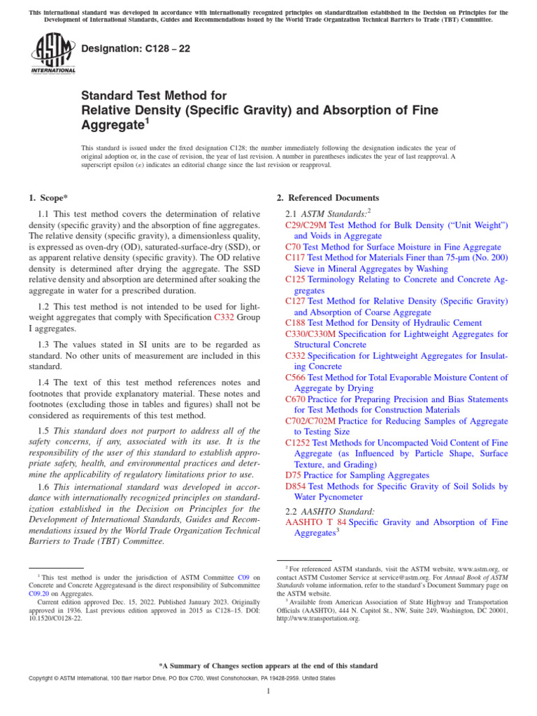 ASTM C128-22 Standard Test Method | PDF | Density | Physical Quantities
