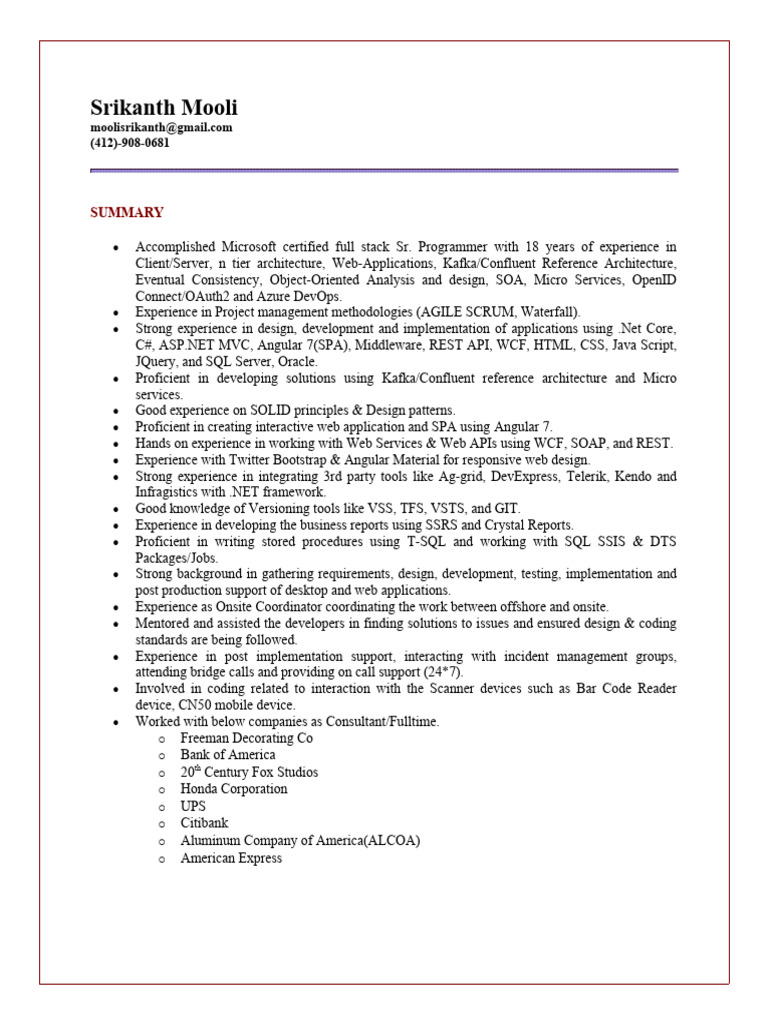 Dice Resume CV Srikanth Mooli | PDF | Microsoft Sql Server | Language Integrated Query