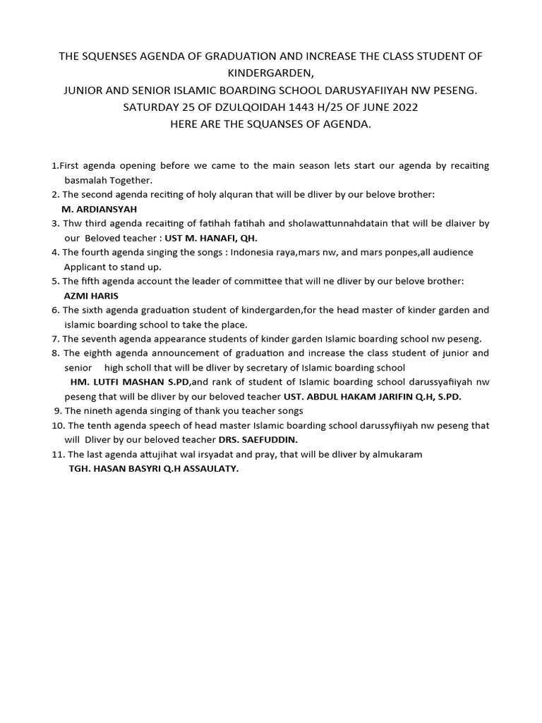 Graduation Agenda: Darusyafiiyah NW | PDF