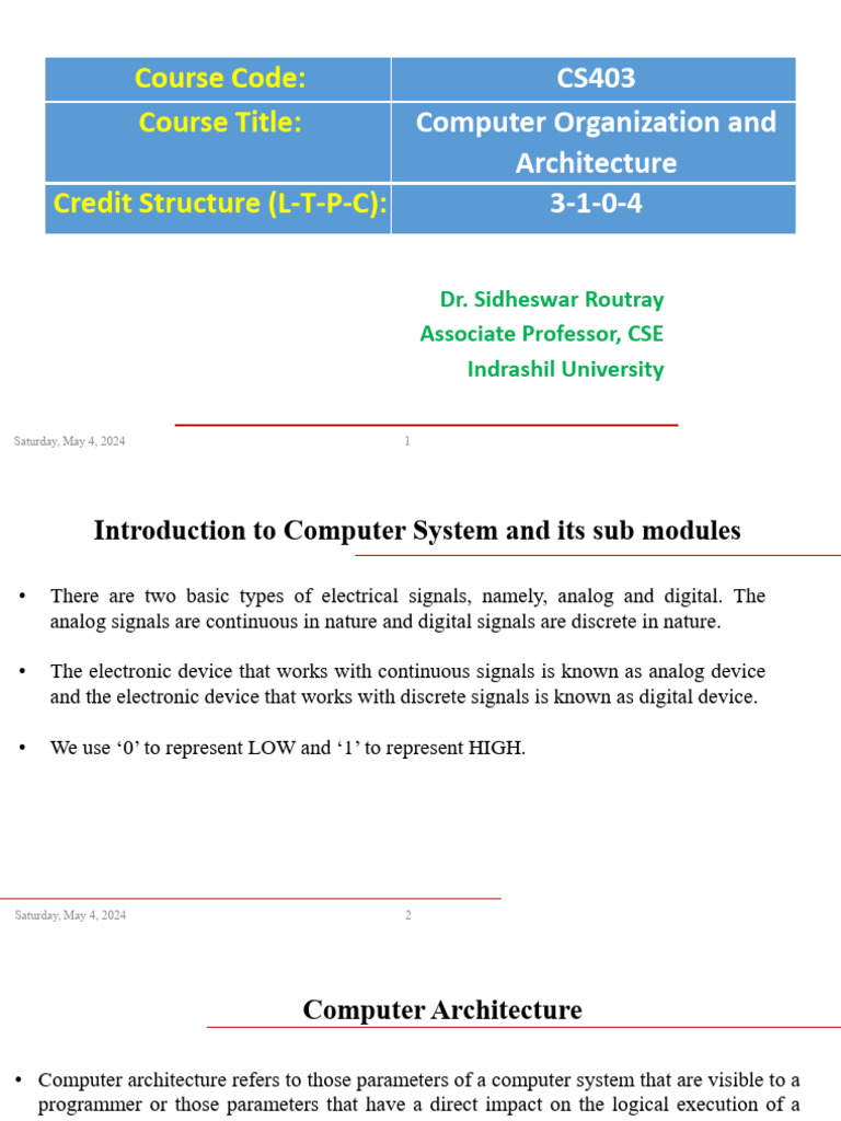 Course Code: Course Title: Credit Structure (L-T-P-C) :: CS403 Computer Organization and ...