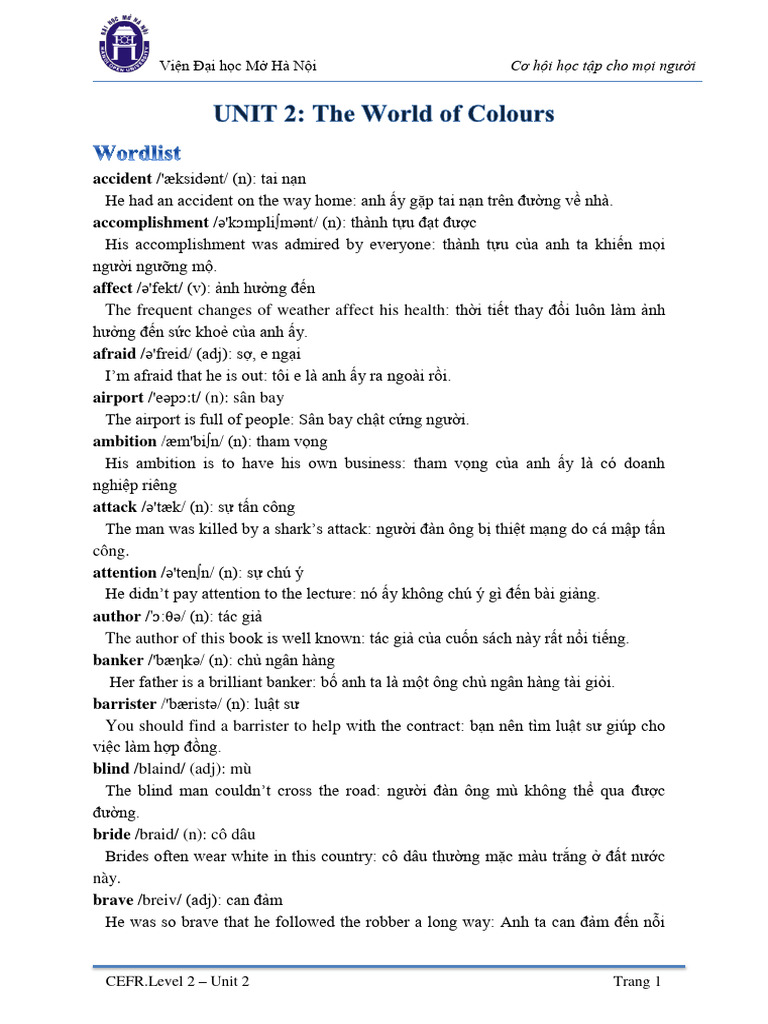 A2-UNIT 2 The World of Colours 1112014 Ok - Wordlist | PDF