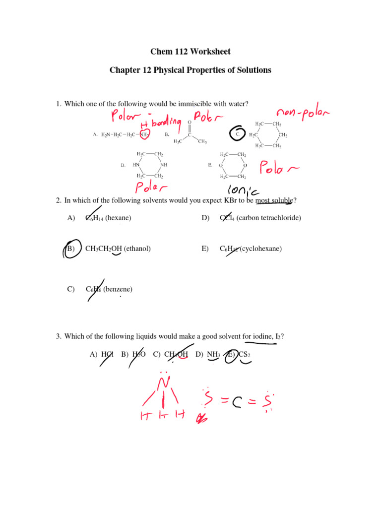 Properties of Solutions Worksheet | PDF | Water | Solvent