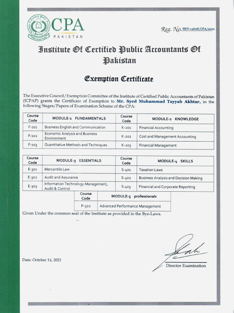 Cpa Certrificate Srn-14628 - (Exemption Certificate) | PDF