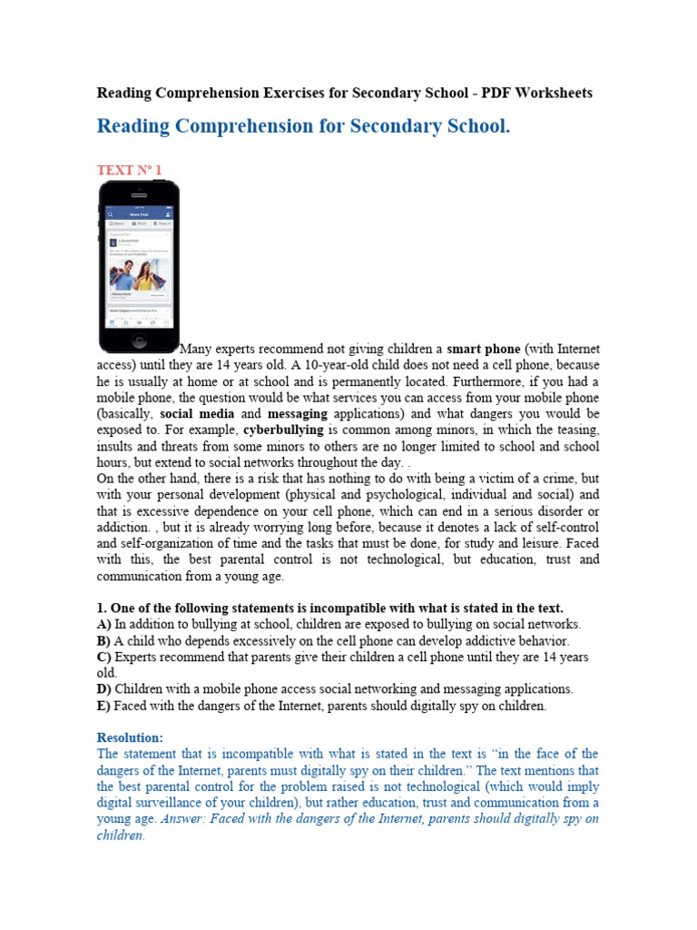 Reading Comprehension Exercises For Secondary School | Download Free ...