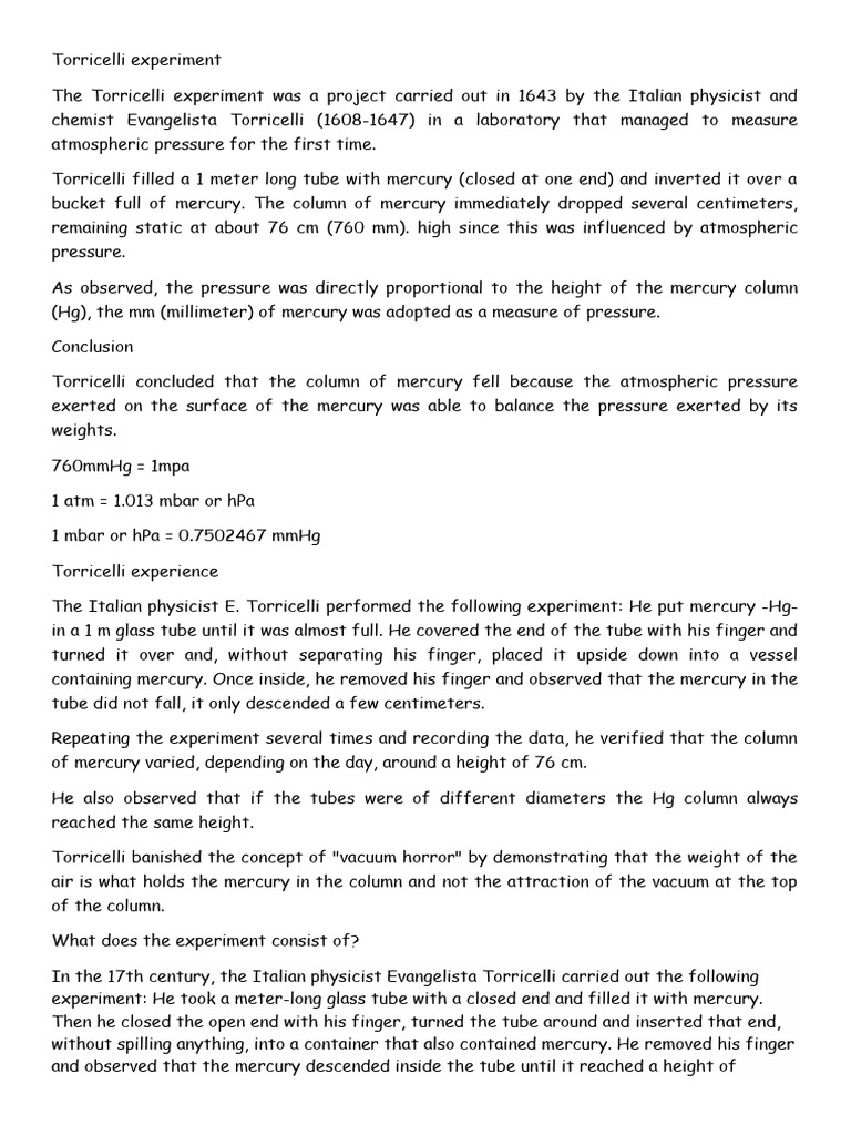 Torricelli Experiment | Download Free PDF | Pressure Measurement ...