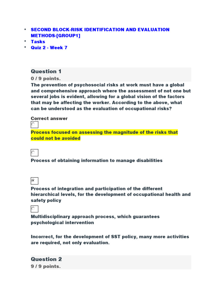 Second Block Risk Identification and Evaluation Methods Tasks Quiz 2 ...