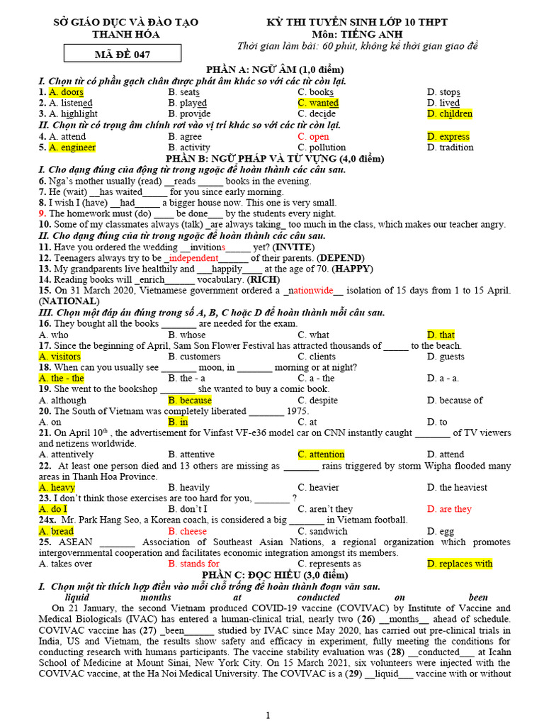 MÃ ĐỀ 047 nokey | PDF | Supermarket | Schools