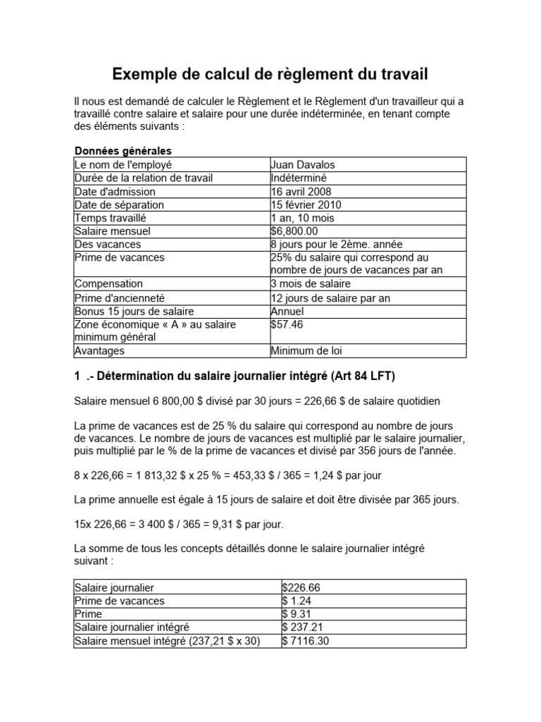 Exemple de Calcul de Règlement Du Travail | PDF | Salaires | Économie