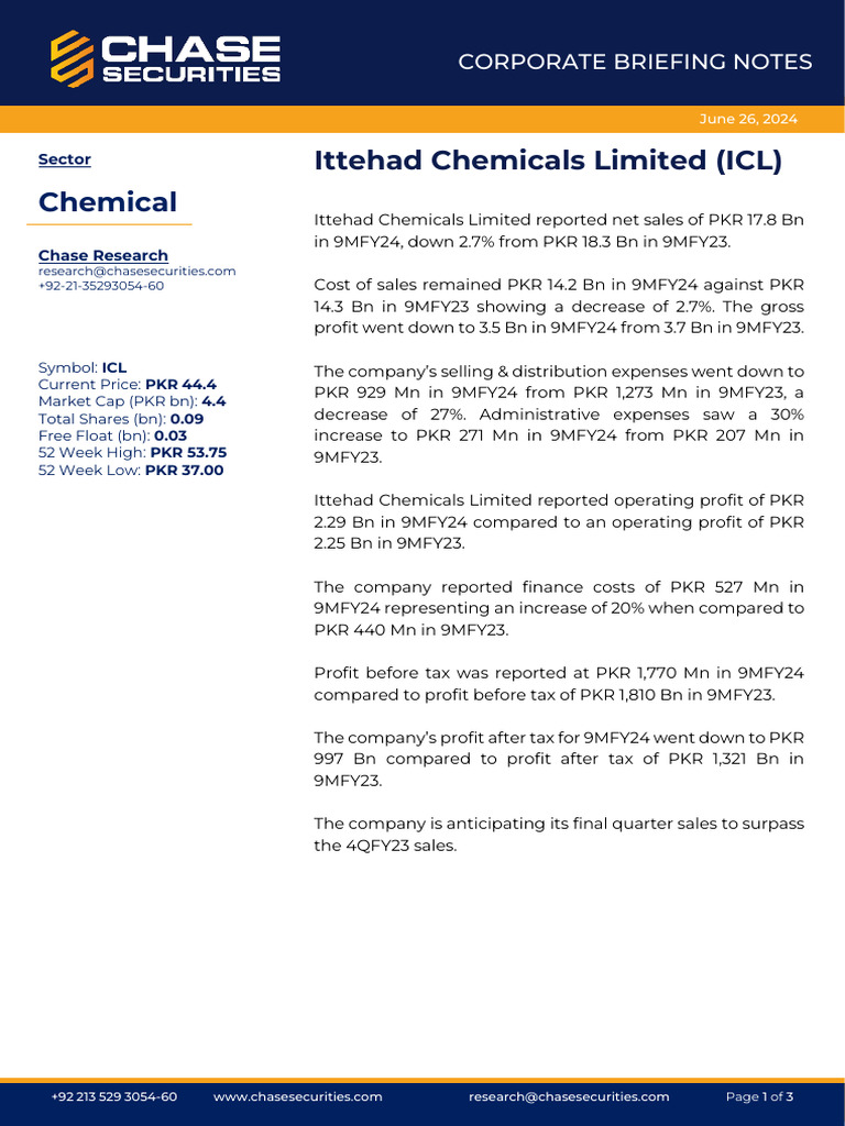 ICL Financial Performance Overview 9MFY24 | PDF | Taxes | Investing