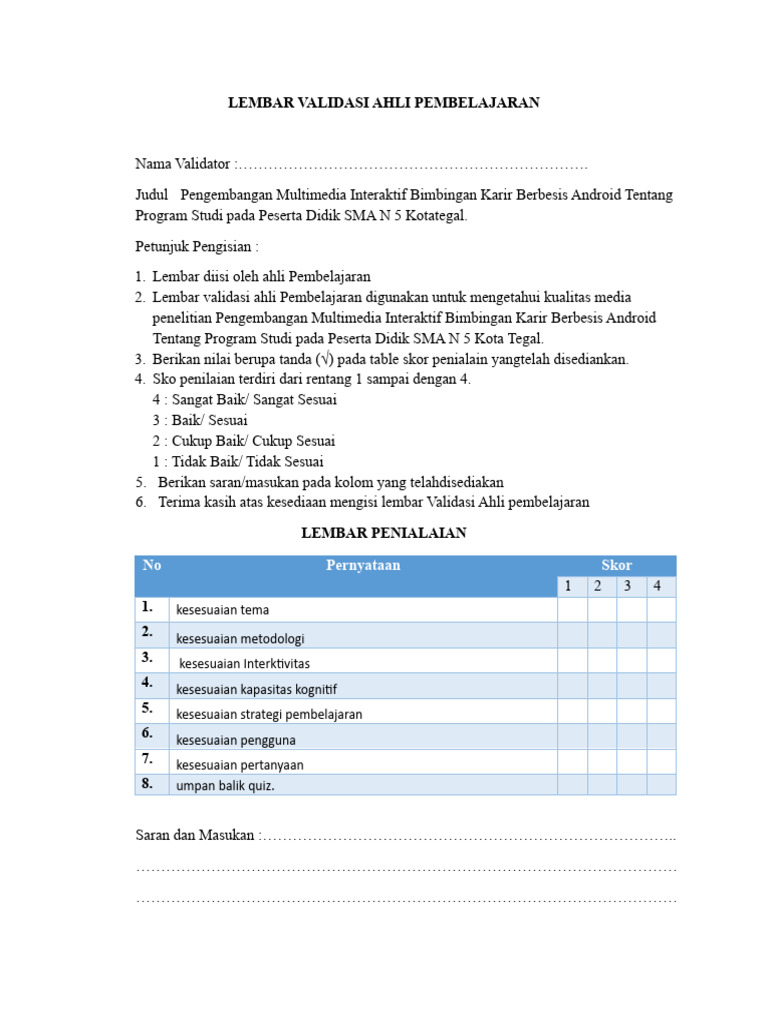 Lembar Validasi Ahli Pembelajaran Pdf