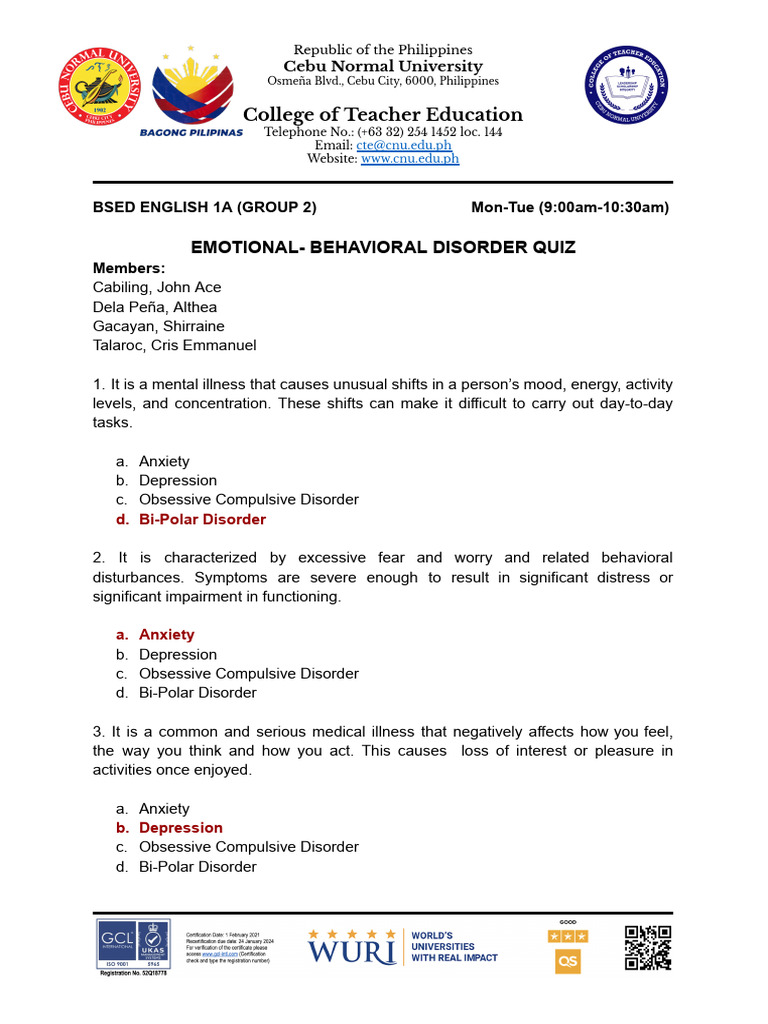 Emotional-Behavioral Disorder Quiz | PDF | Mental Disorder | Anxiety